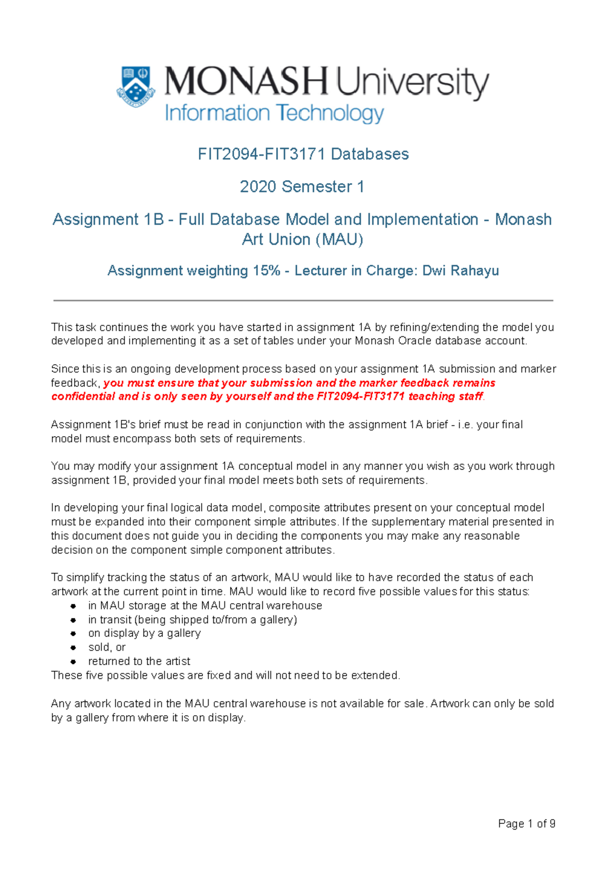 FIT2094 FIT3171 MAU Ass1B Case Study - FIT2094-FIT3171 Databases 2020 Semester 1 Assignment 1B ...