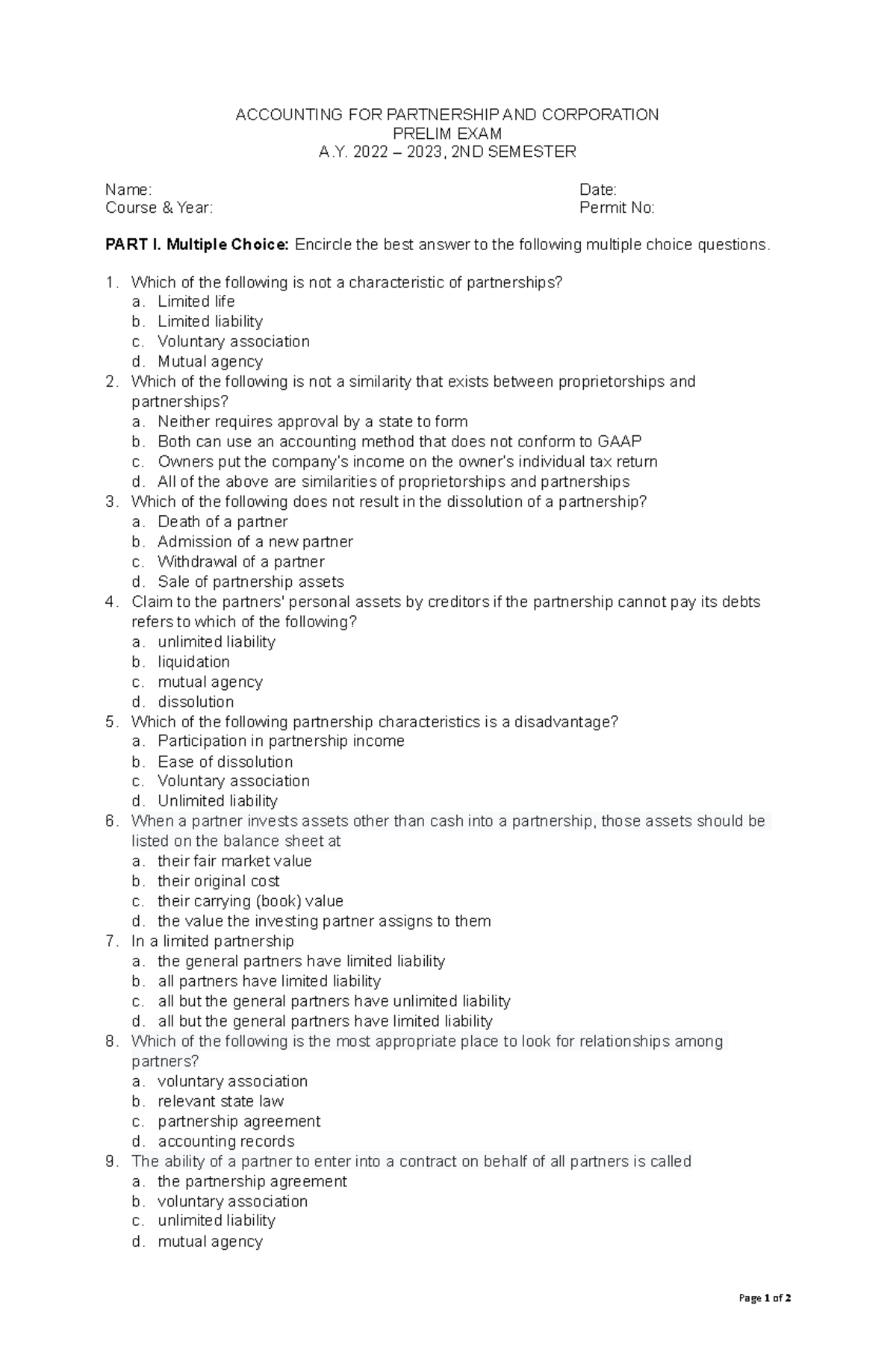 Acpac Examination - ACCOUNTING FOR PARTNERSHIP AND CORPORATION PRELIM ...