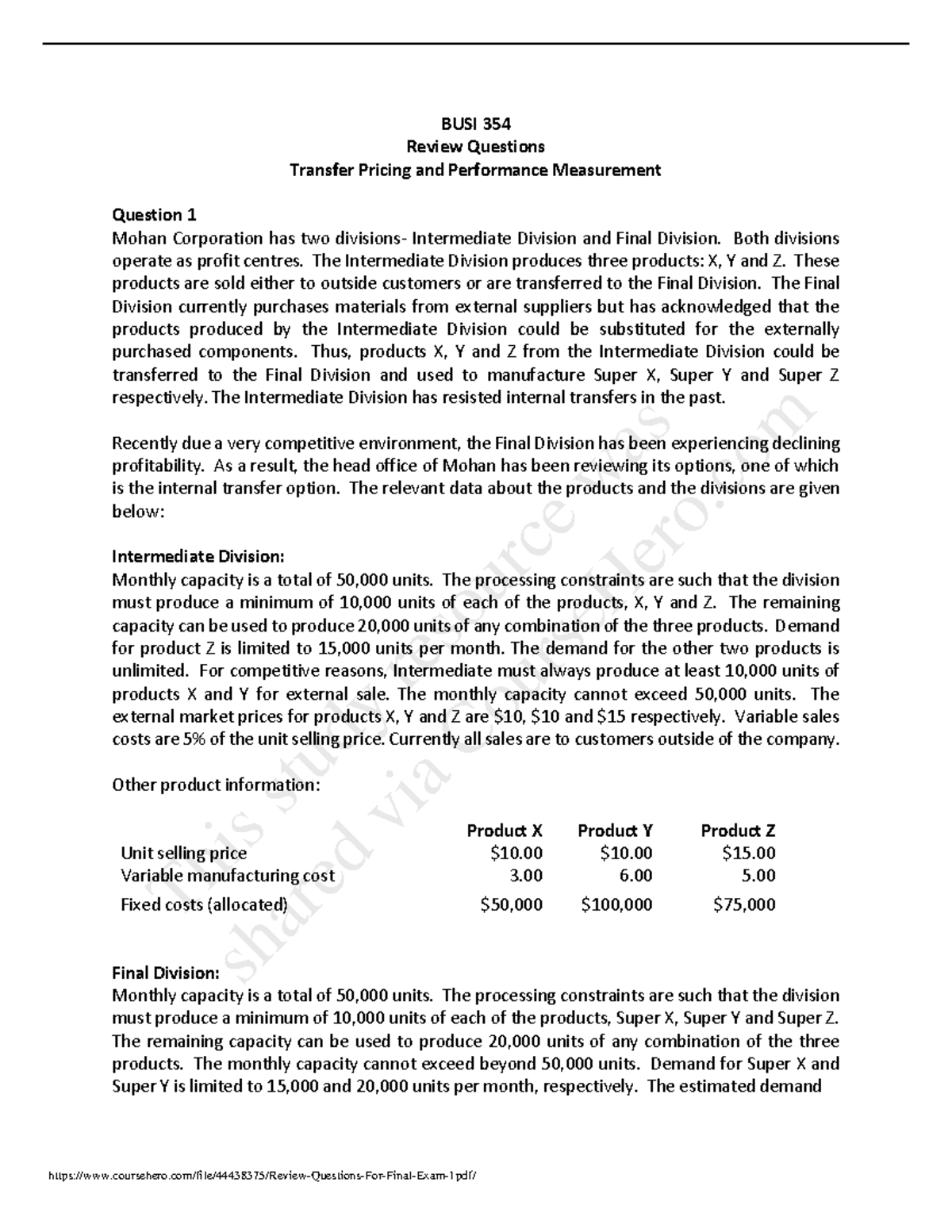 Review Questions For Final Exam-1 - BUSI 354 Review Questions Transfer ...