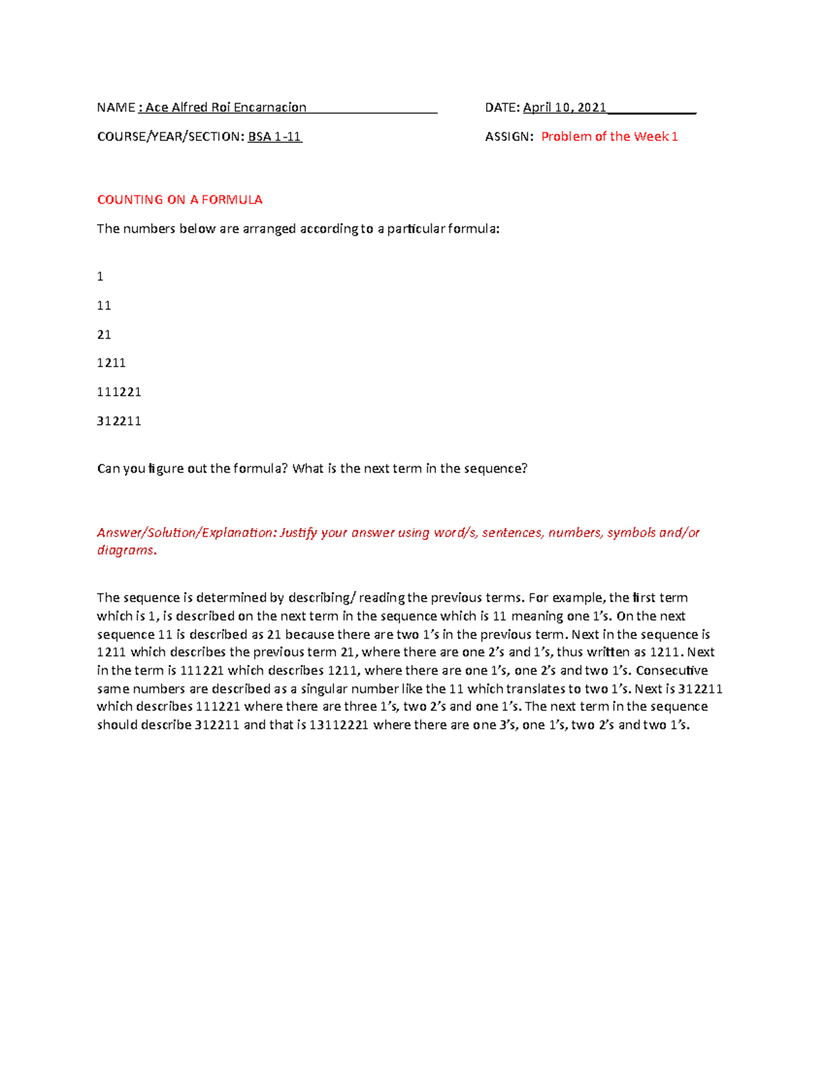 Mathematics problem 1 - math - NAME : Ace Alfred Roi Encarnacion DATE ...