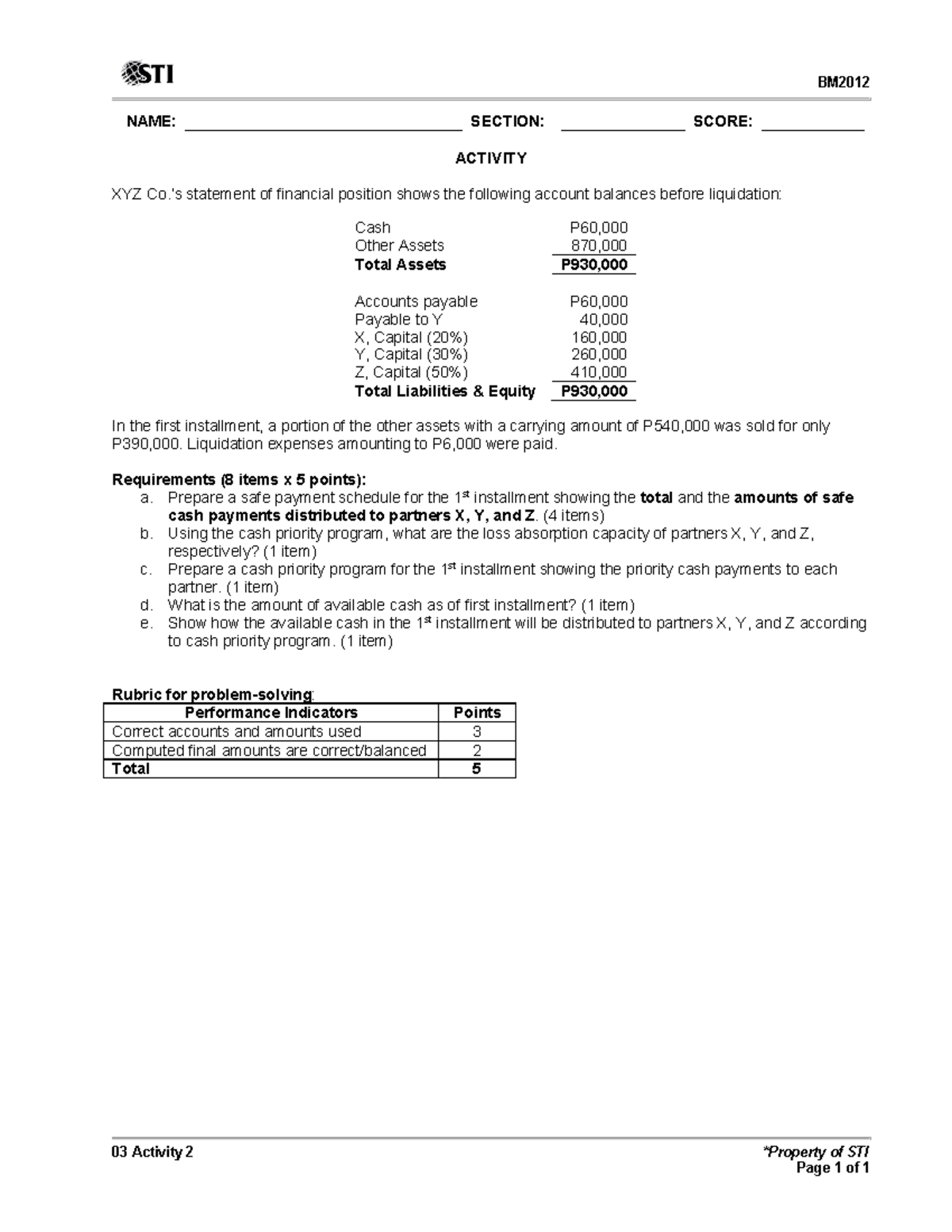 03 Activity 2 - BM 03 Activity 2 *Property of STI Page 1 of 1 NAME ...