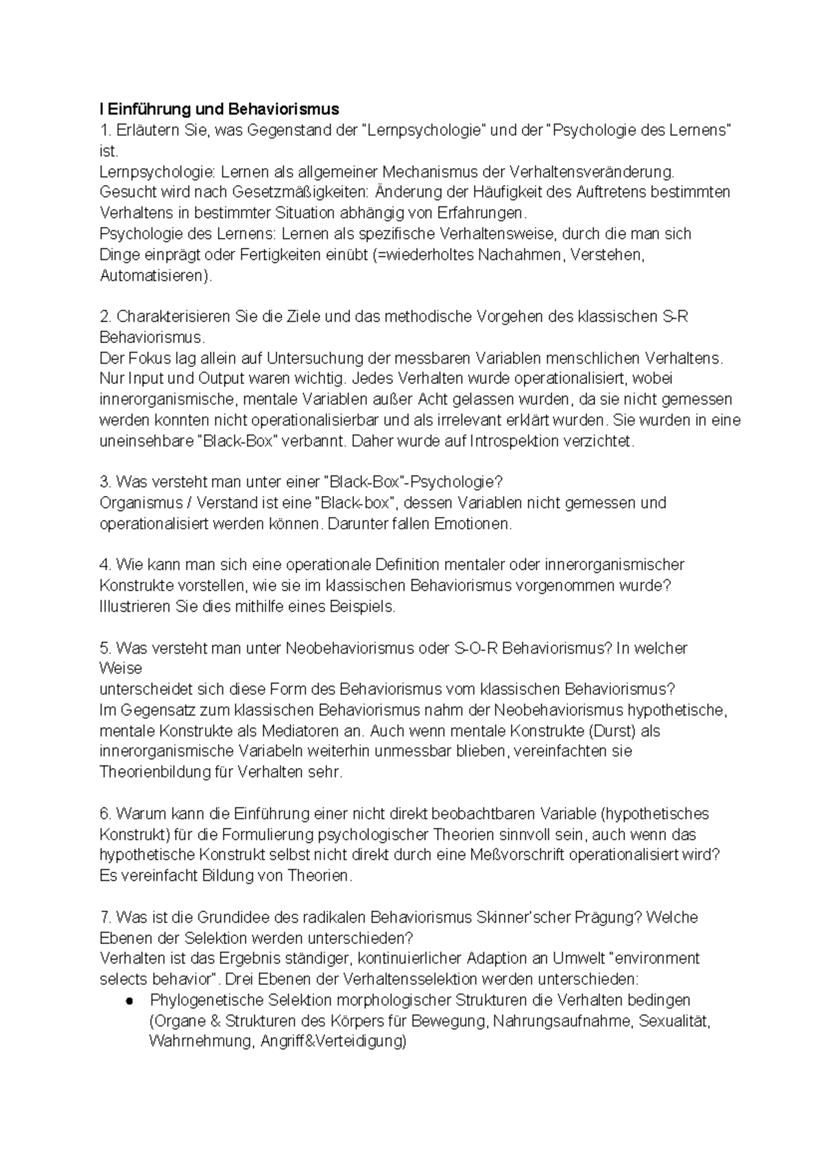 Fragenkatalog Lernen WS 13 14 - Allgemeine Psychologie 2 - **I Einführung und Behaviorismus ...