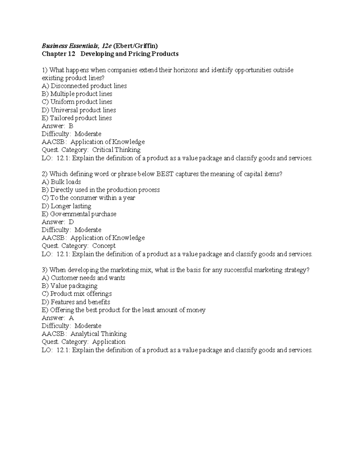 Business Essentials, 12e (Ebert/Griffin) Chapter 12 Developing and ...