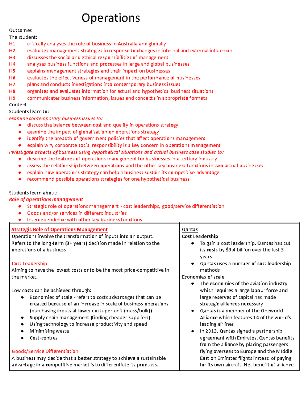 Operations Notes - 121221 - Operations Outcomes The student: H1 ...