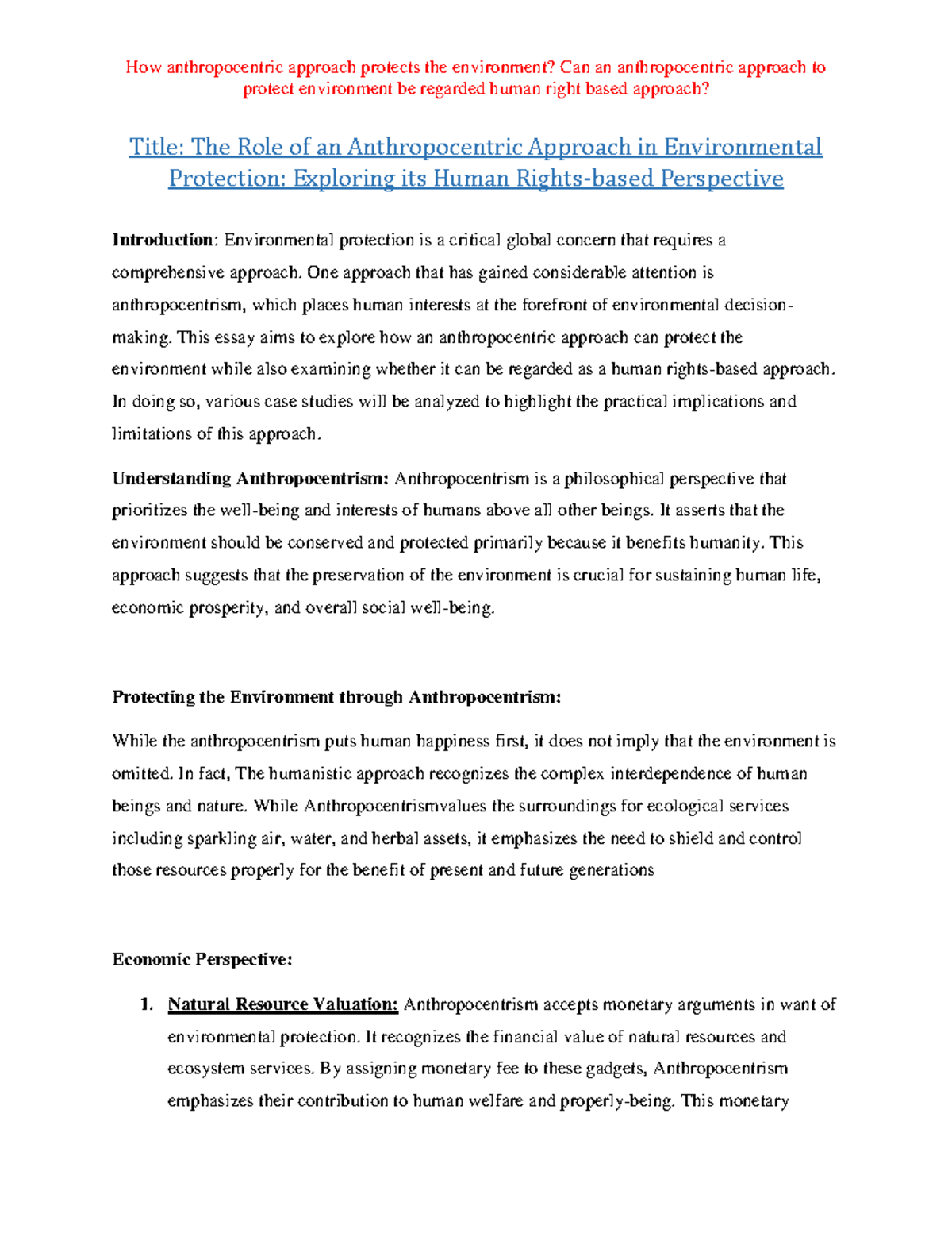 Title: The Role of an Anthropocentric Approach in Environmental ...