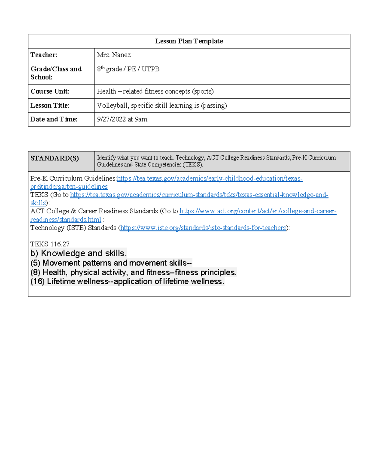 Lesson plan 1 - Lesson Plan Template Teacher: Mrs. Nanez Grade/Class ...