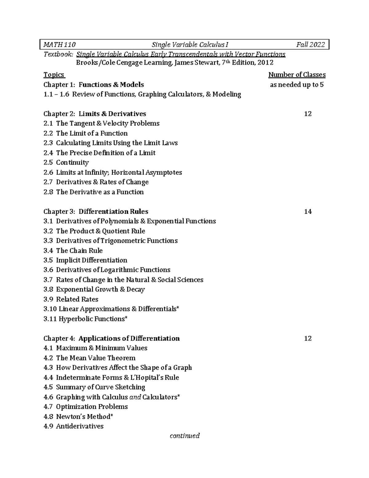MATH 110 Course Syllabus Fall 2022 - MATH 110 Single Variable Calculus I Fall 20 22 Textbook ...
