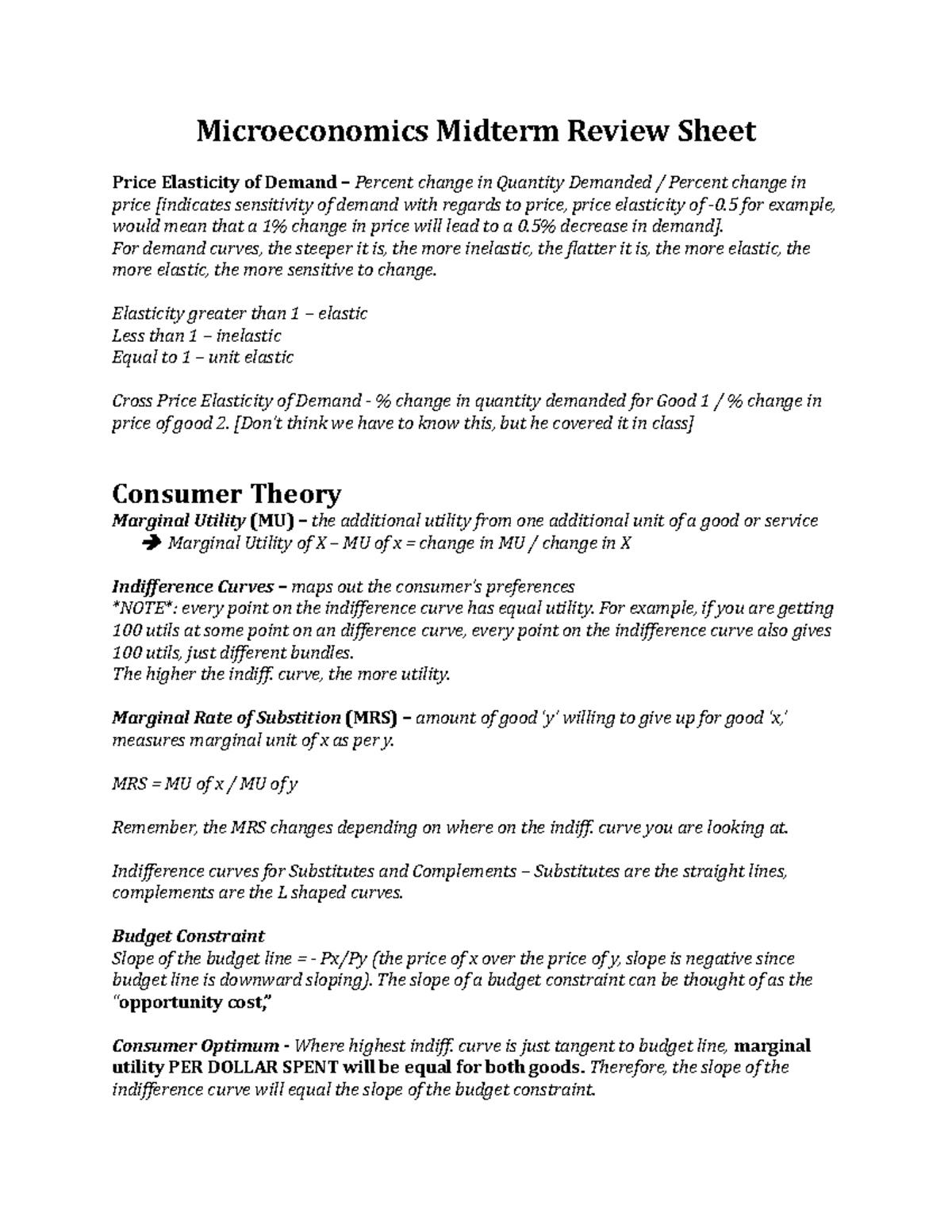 Micro Midterm Study Notes - Microeconomics Midterm Review Sheet Price ...