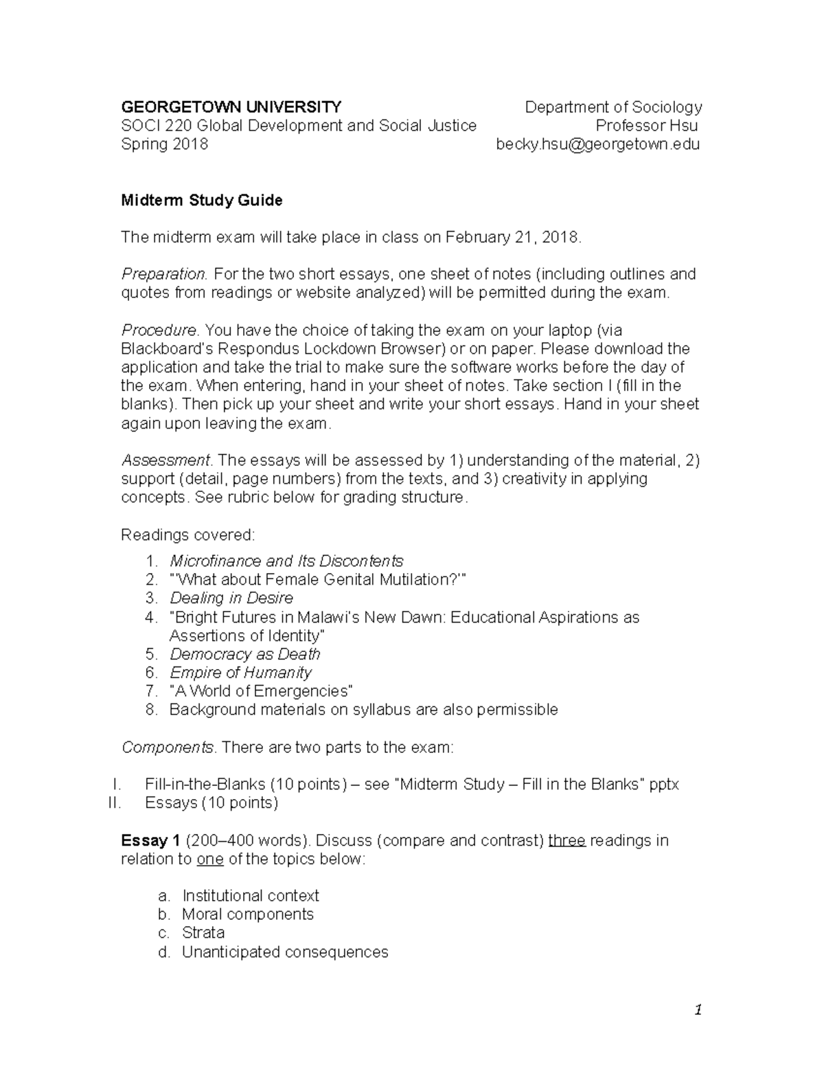 Midterm Study Guide SOCI 220 - GEORGETOWN UNIVERSITY Department of ...