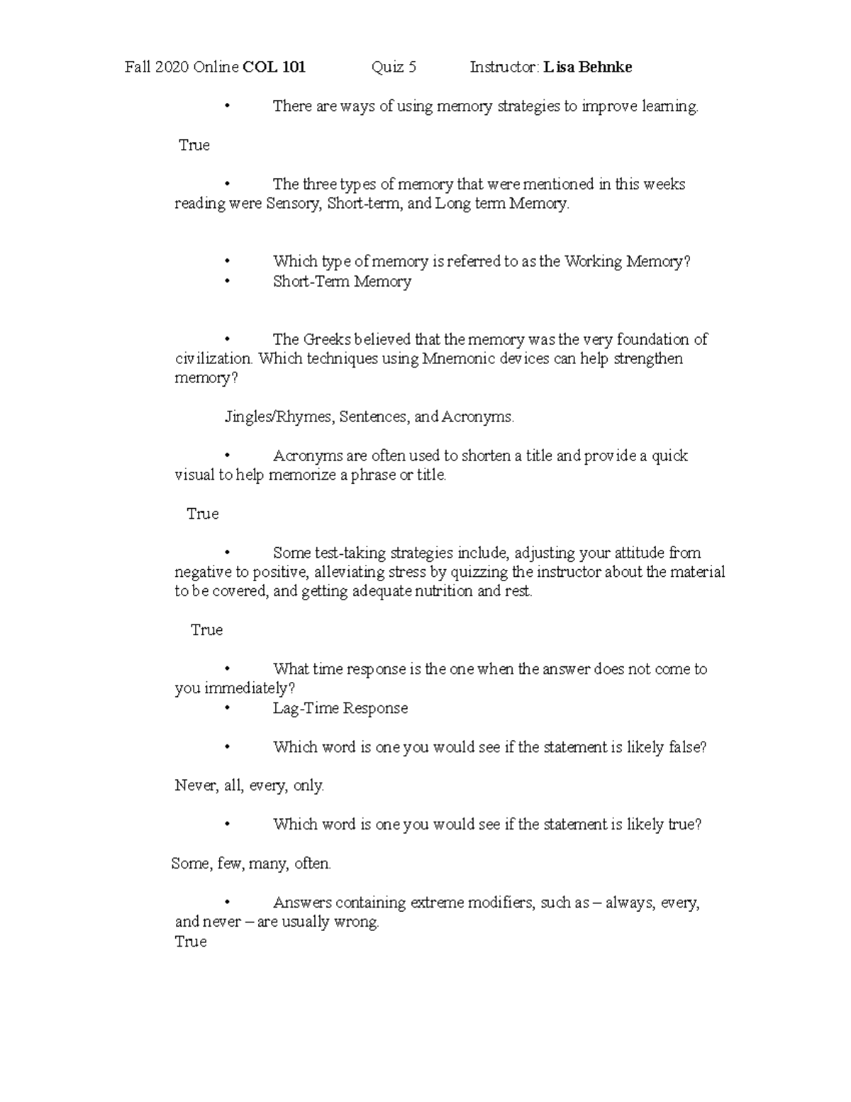 QUIZ 5 COL101 - Chapters 22-27 FA20 - Fall 2020 Online COL 101 Quiz 5 ...