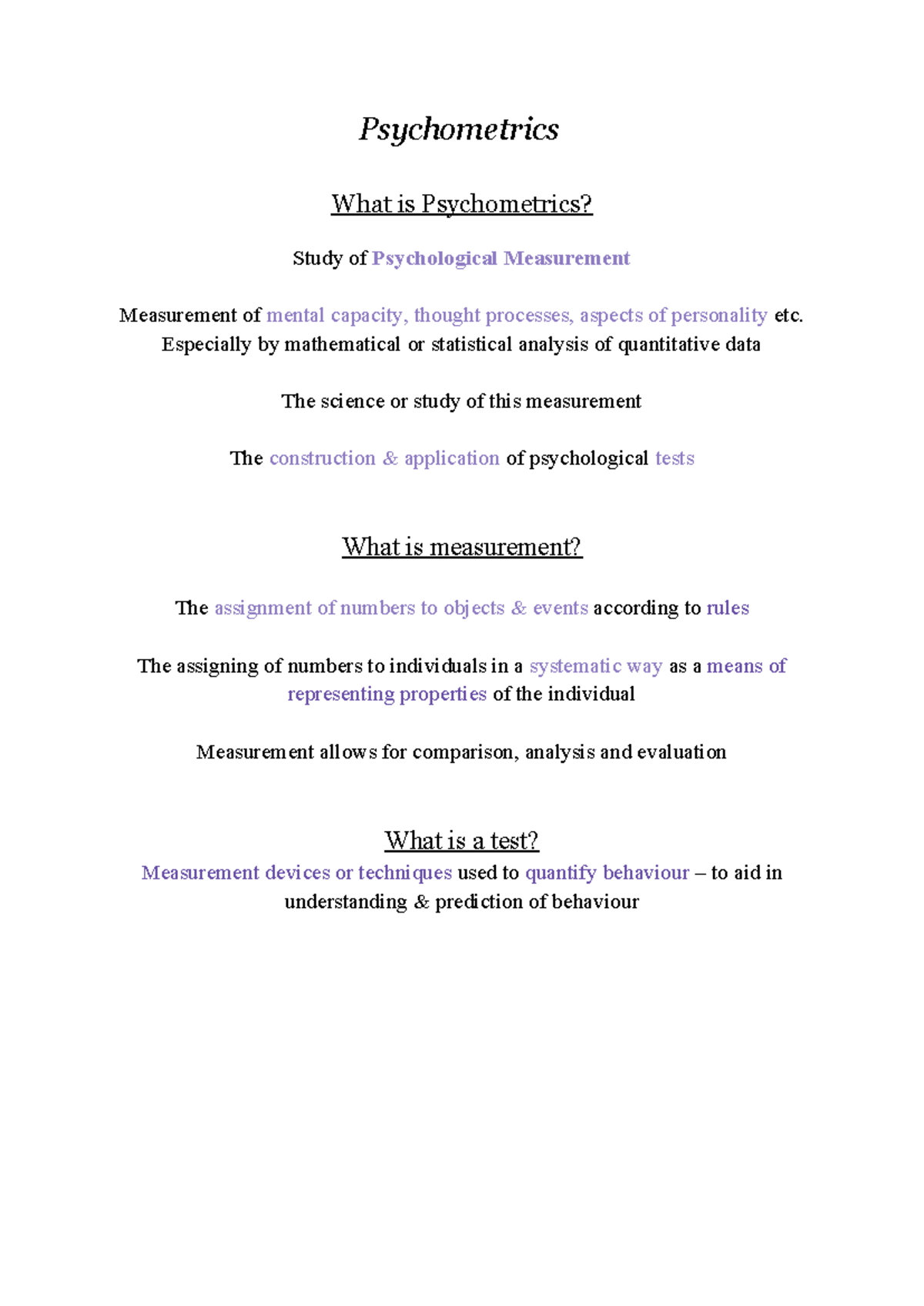 PSY2015 F - Research Psychology Notes - Psychometrics What is ...