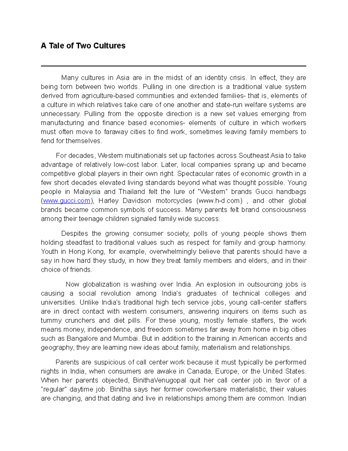 CASE Study The Tale of Two Culture - A Tale of Two Cultures - Studocu