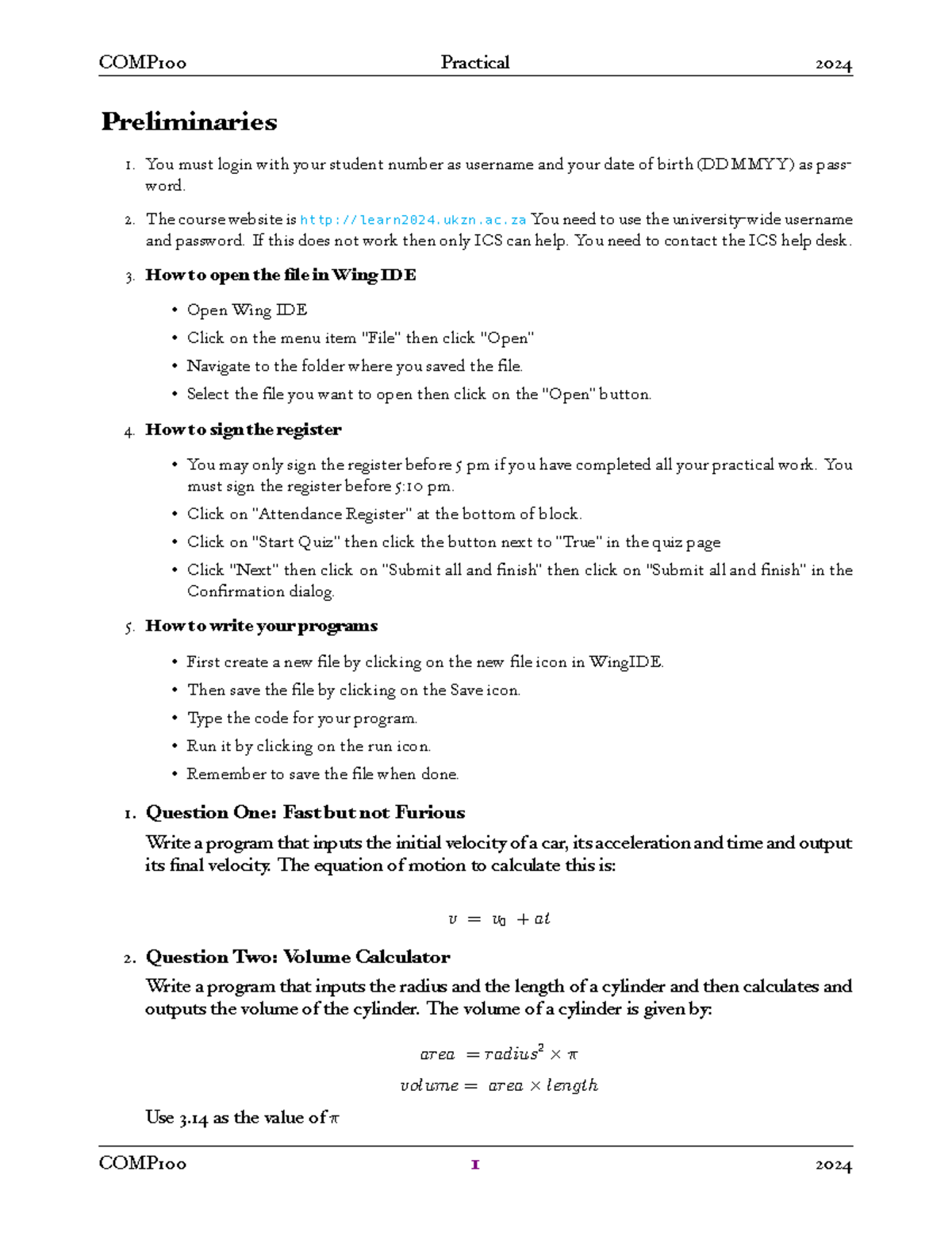 Practical One - This is good introductory practice for python - COMP100 Practical 2024 ...