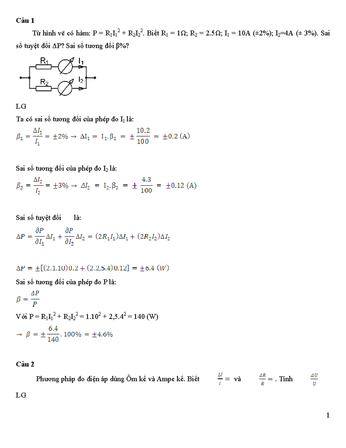 Bai tap do luong cam bien co loi giai - Câu 1 Từ hình vẽ có hàm: P = R 1 I 12 + R 2 I 22. Biết R ...