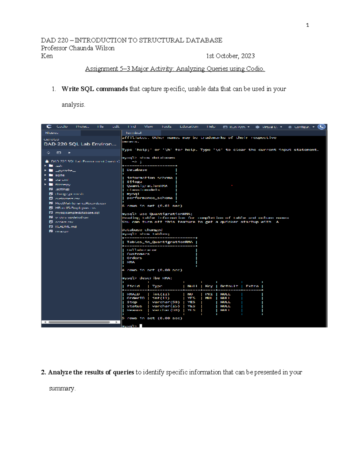 DAD 220 5-3 Major Activity Analyzing Queries - DAD 220 – INTRODUCTION TO STRUCTURAL DATABASE ...