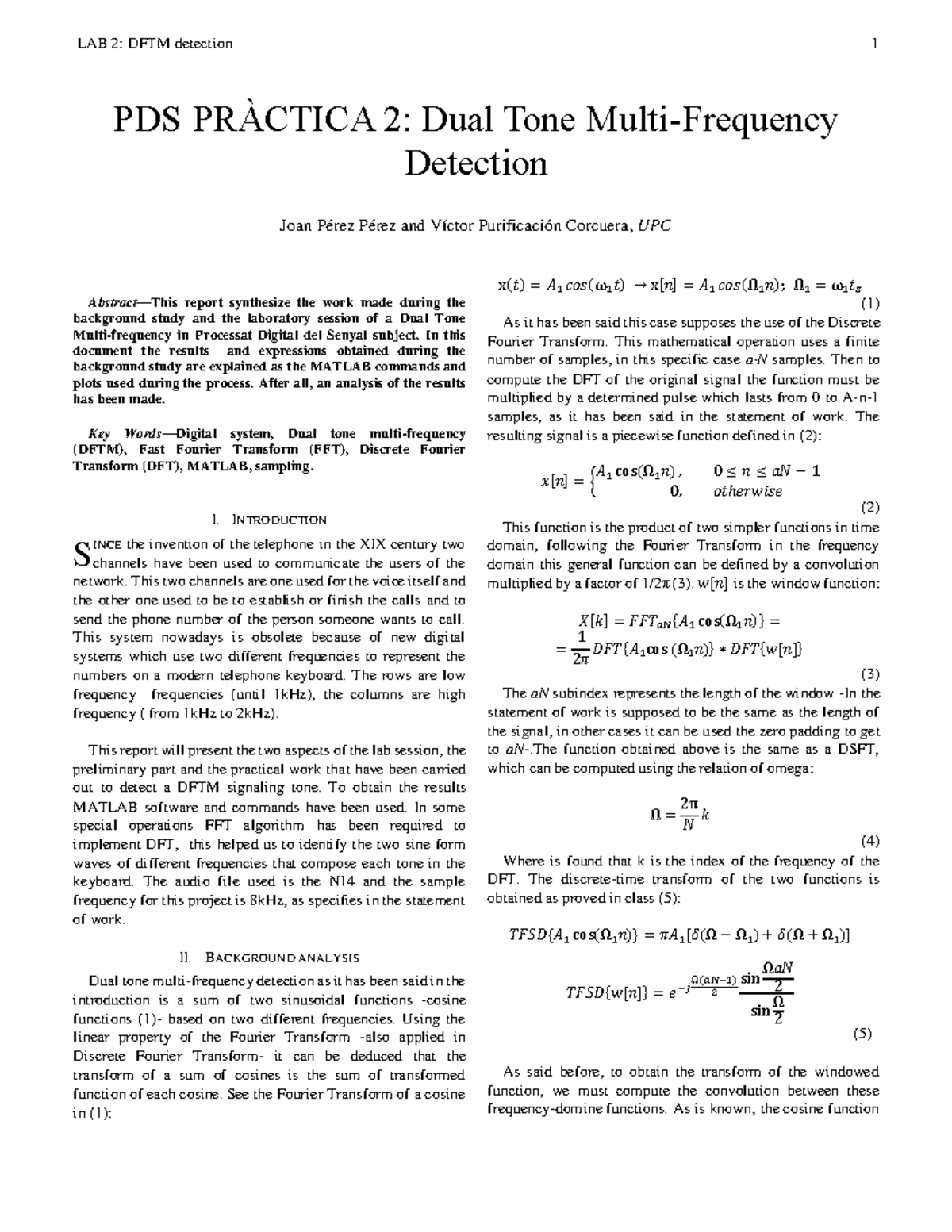 PAPER 2 PDS laboratory - LAB 2: DFTM detection 1 Abstract—This report synthesize the work made ...