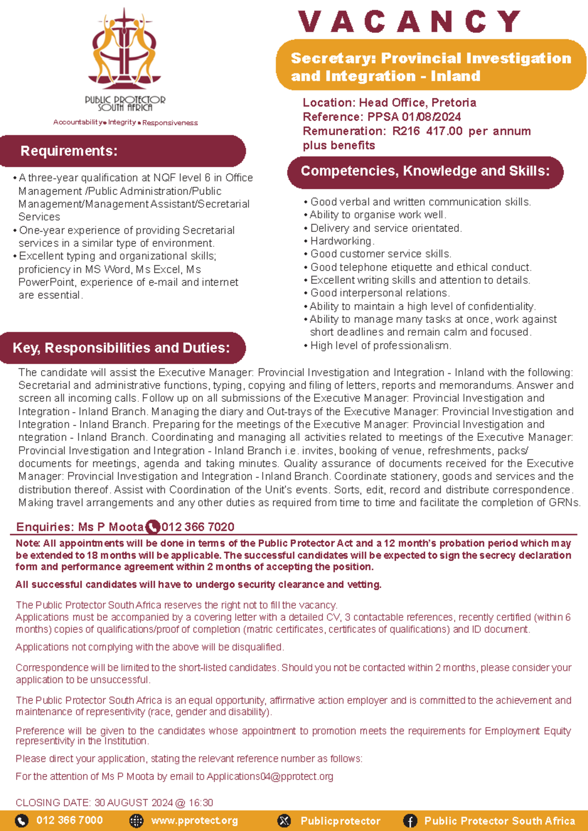 Vacancy - Notes - V A C A N C Y Secretary: Provincial Investigation and ...