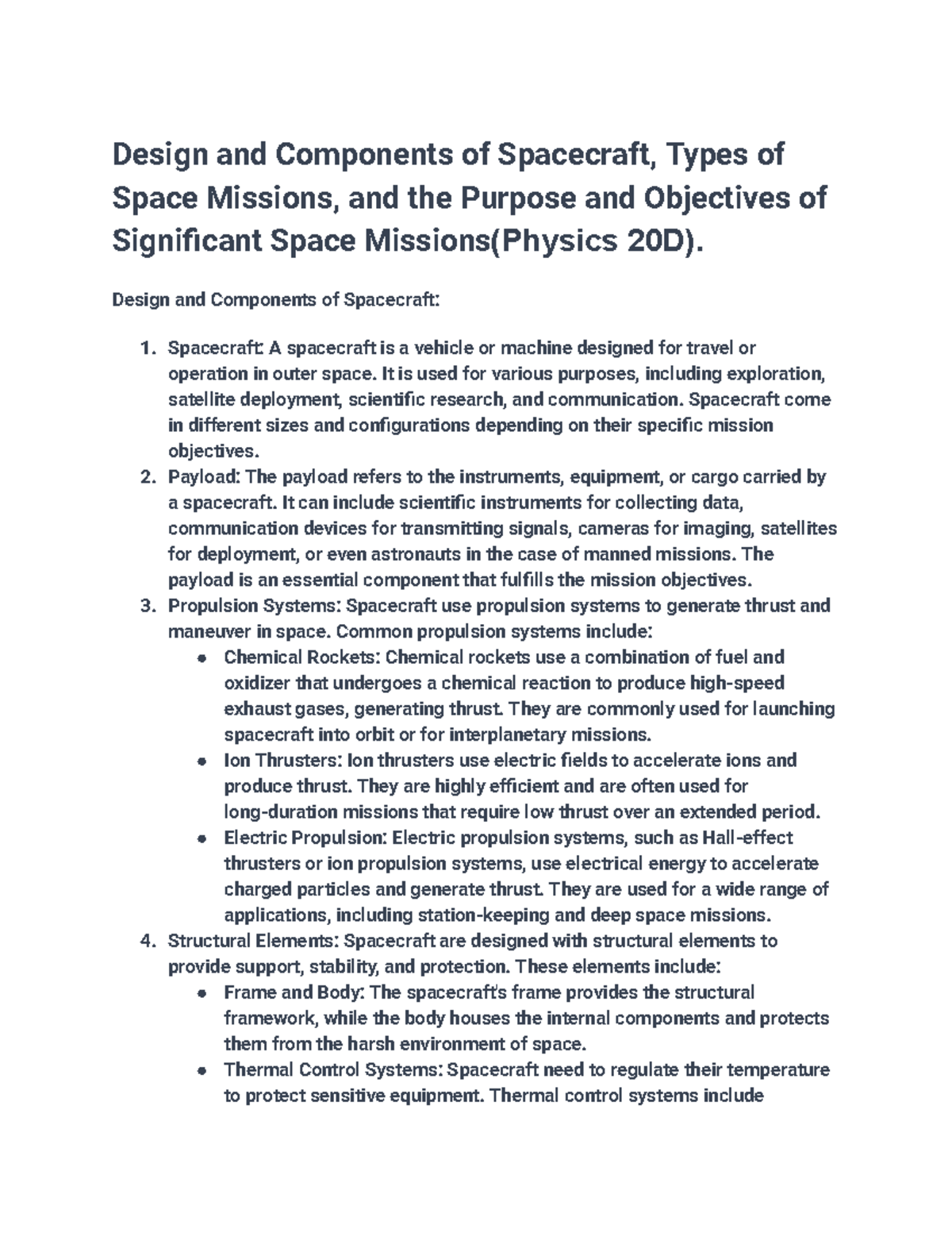 Design and Components of Spacecraft, Types of Space Missions, and the ...