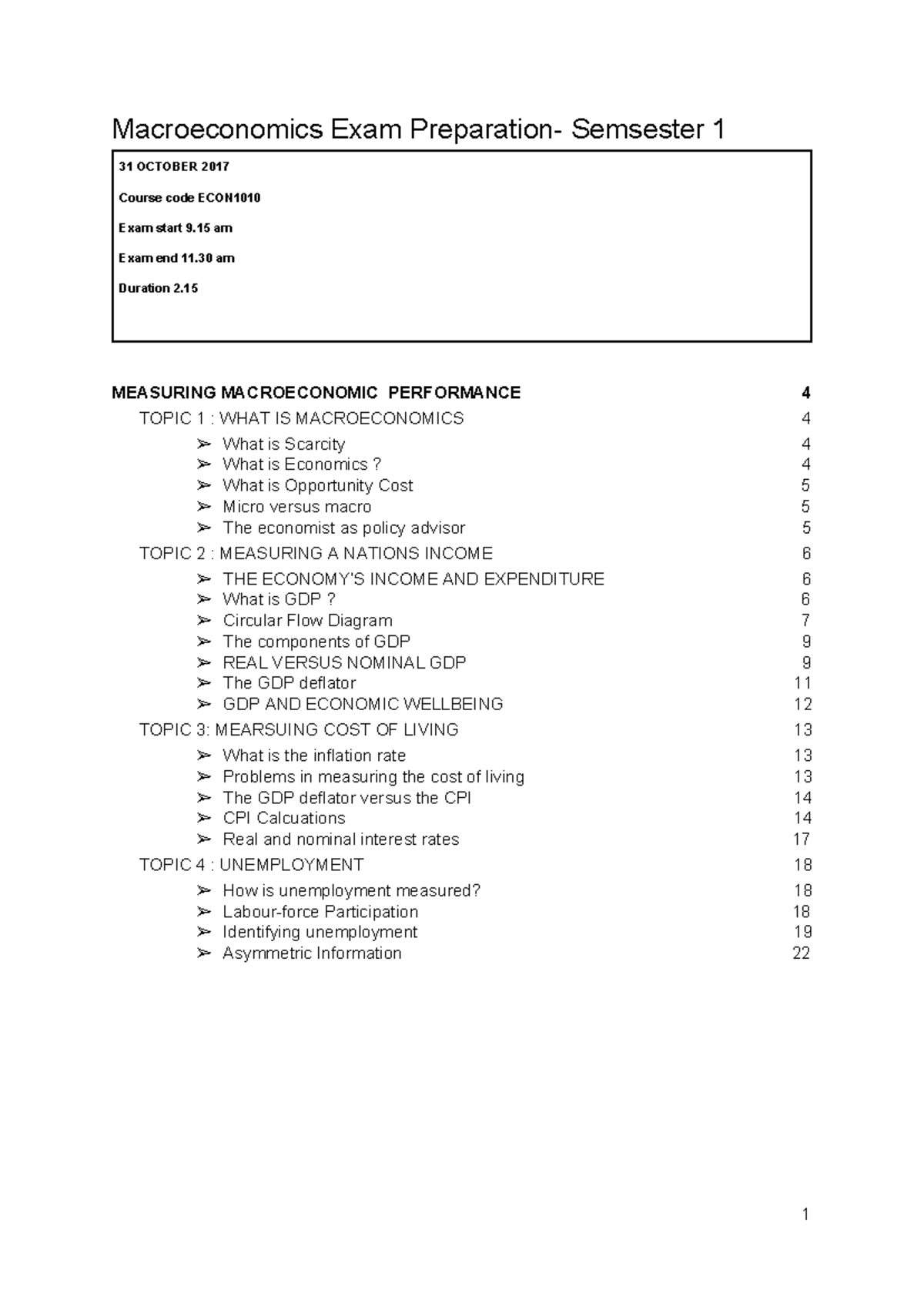 ECON1010-Marcoeconomics 1 - Macroeconomics Exam Preparation- Semsester 1 31 OCTOBER 2017 Course ...