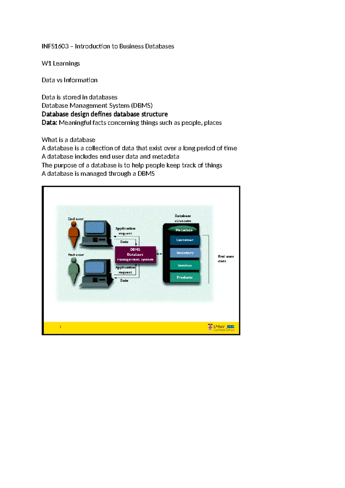 INFS1603 - ER Modelling WK1 - INFS1603 – Introduction to Business Databases W1 Learnings Data vs ...