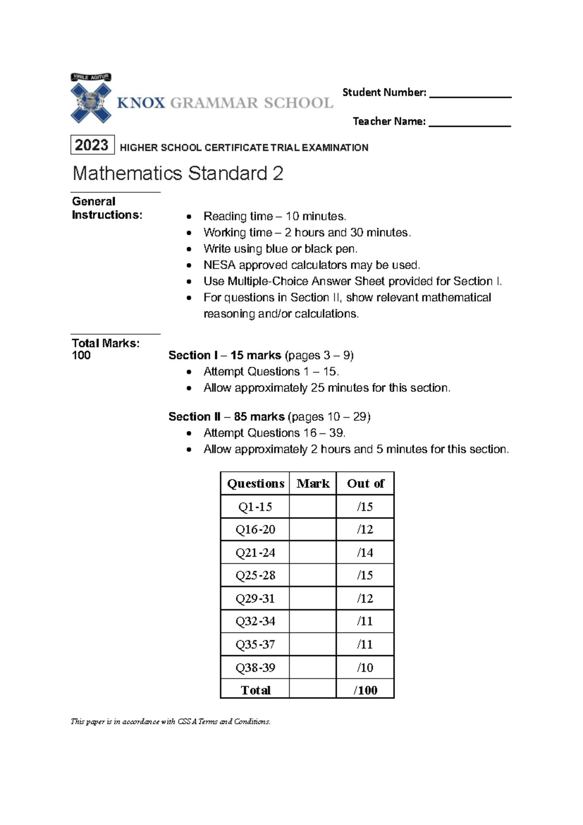 2023 Year 12 Mathematics Standard 2 Task 4 Trial - Student Number ...