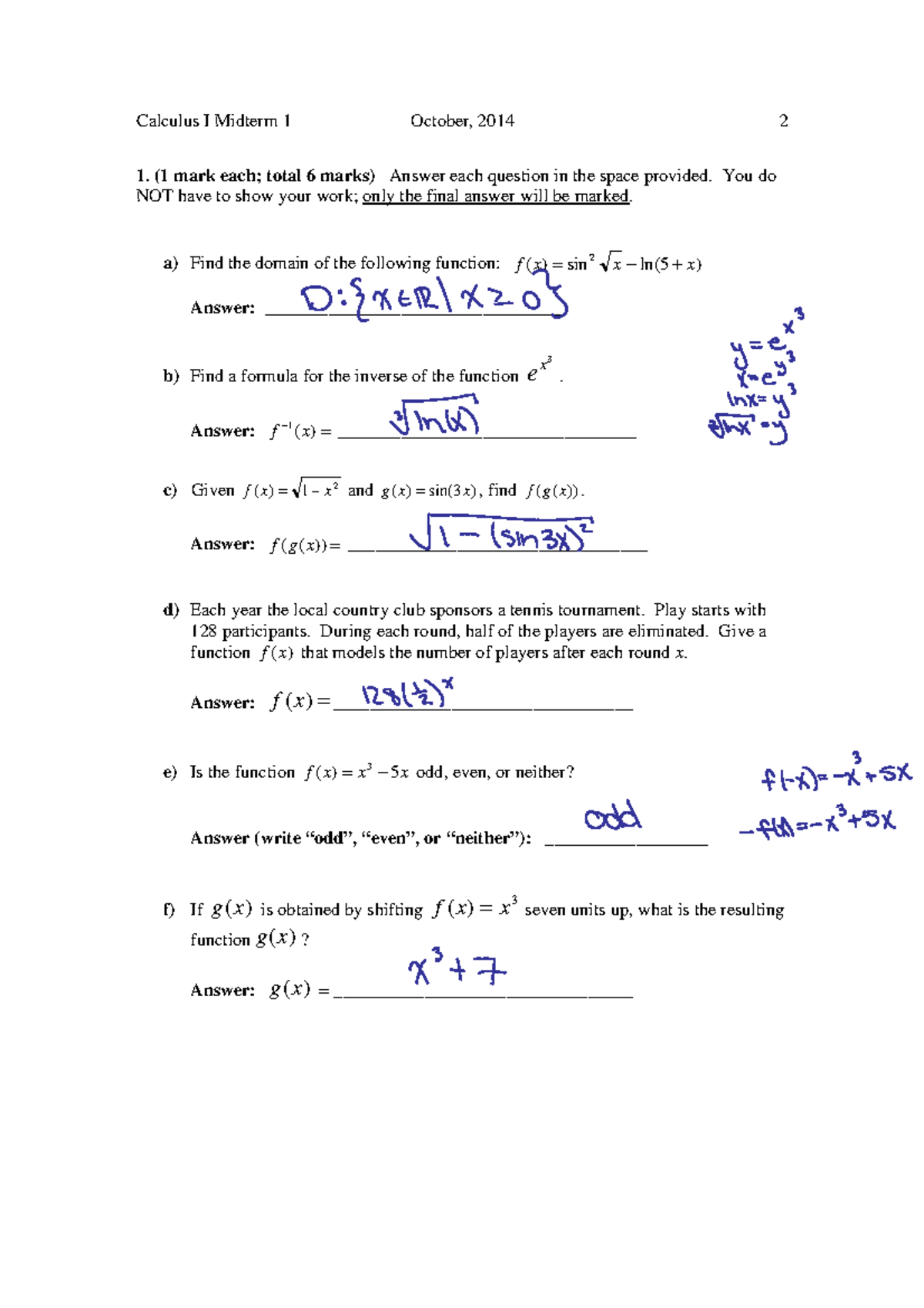 Exam October 2014, questions and answers - Calculus I Midterm 1 October ...