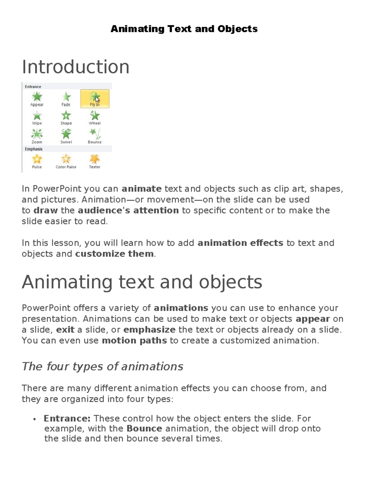16Animating Text and Objects - Introduction In PowerPoint you can ...