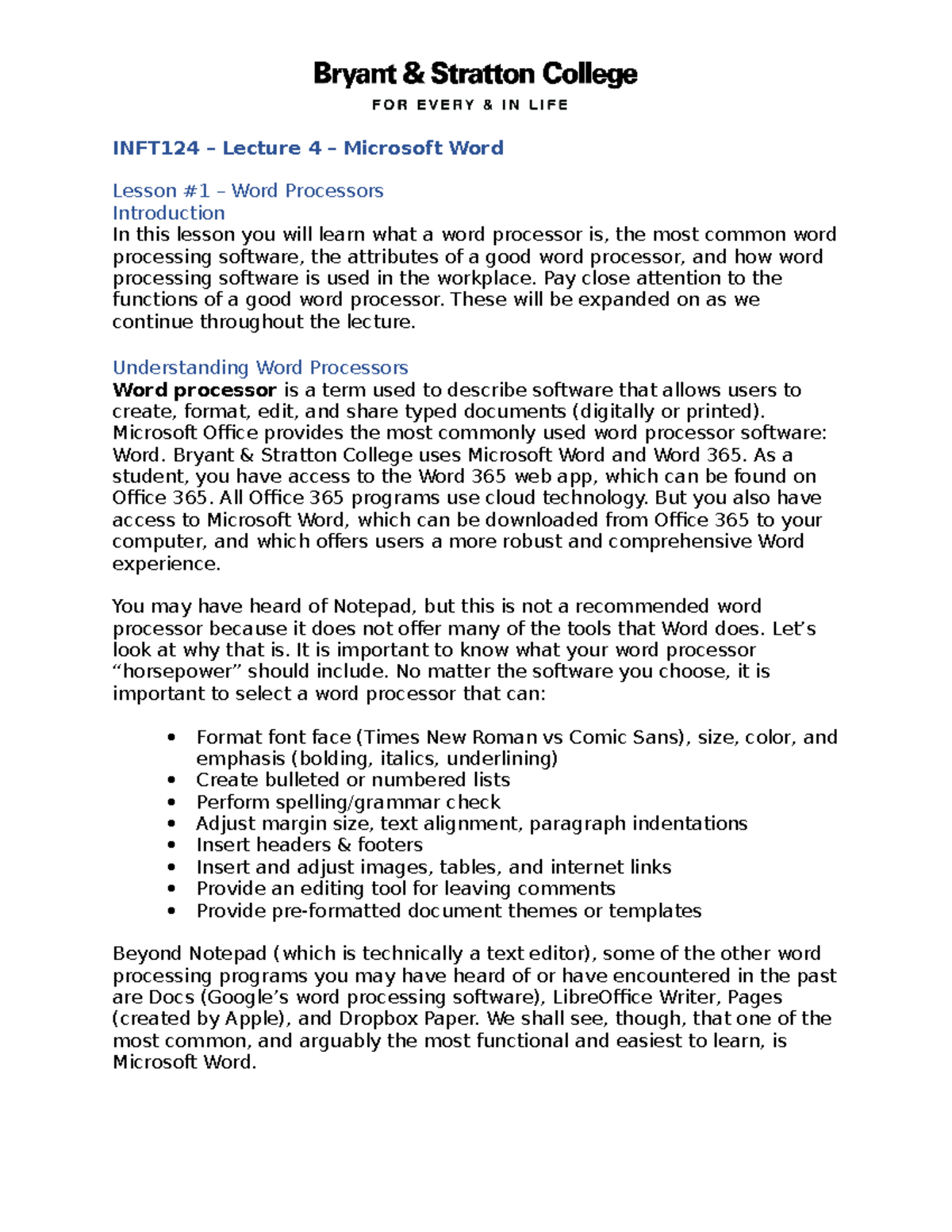INFT124 Lecture 4: Introduction to Word Processors and Microsoft Word - Studocu