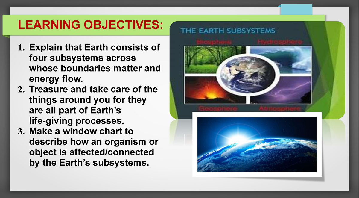Earth's Subsystems - n/a - LEARNING OBJECTIVES: 1. Explain that Earth consists of four ...