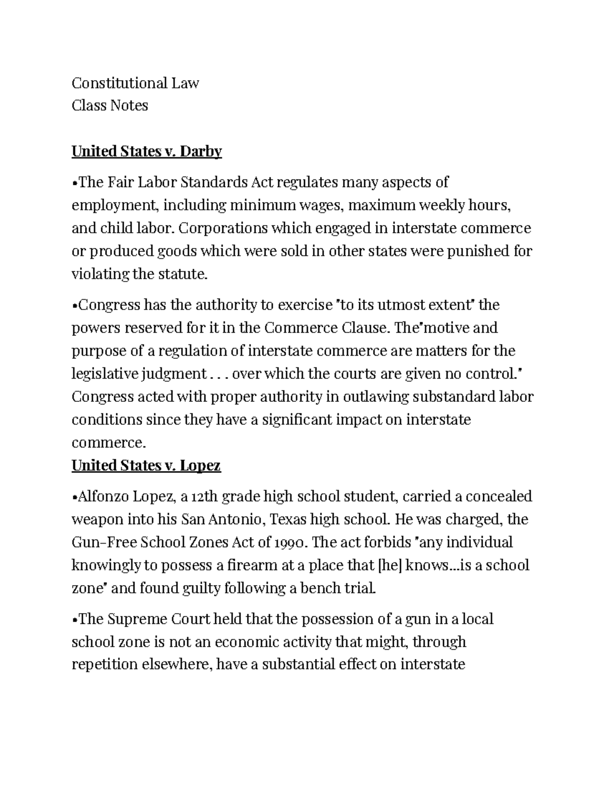 Law 1 - Court cases on commerce power - Constitutional Law Class Notes ...