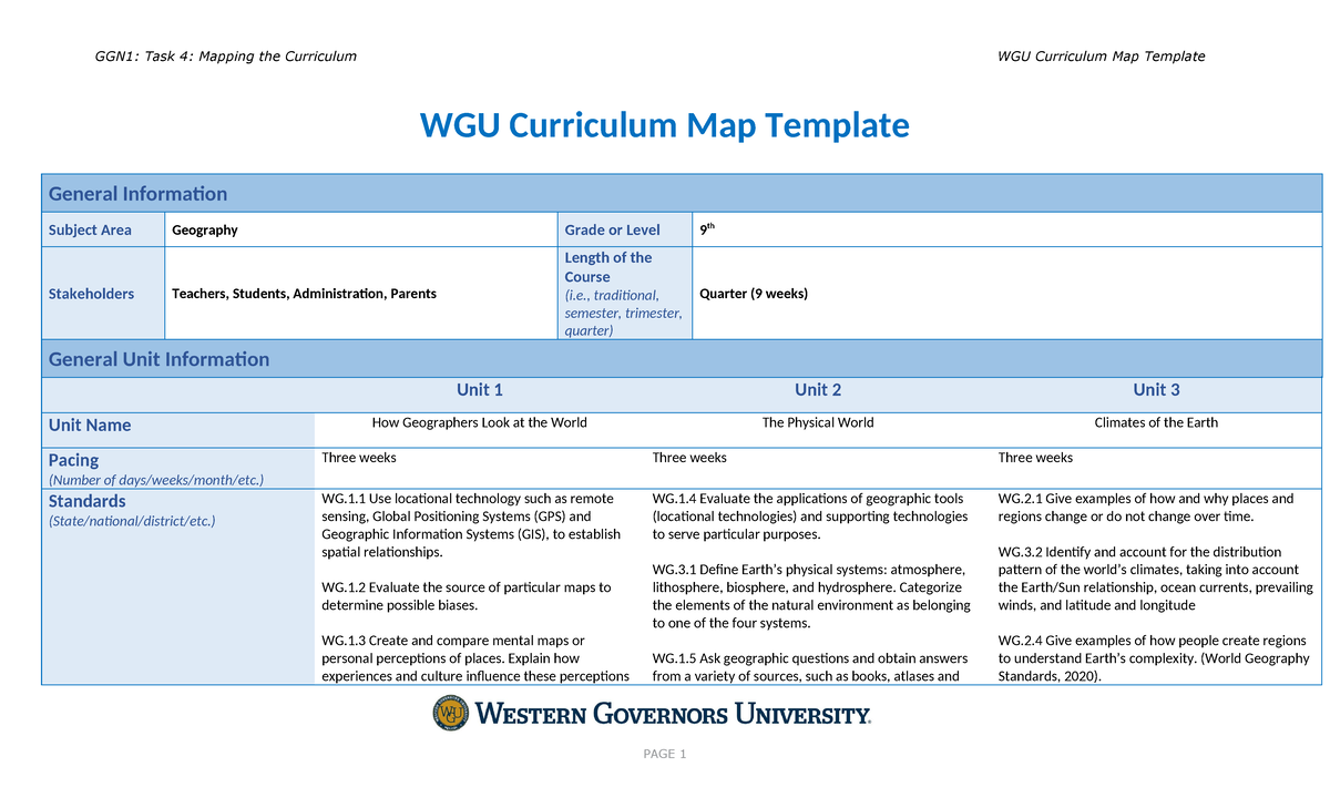 D630 Task 4 - passed - WGU Curriculum Map Template General Information ...