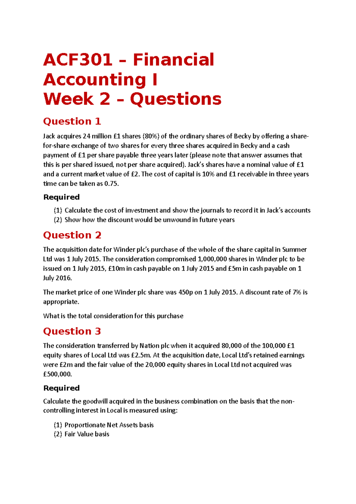 Week 2 - workshop questions - ACF301 – Financial Accounting I Week 2 ...