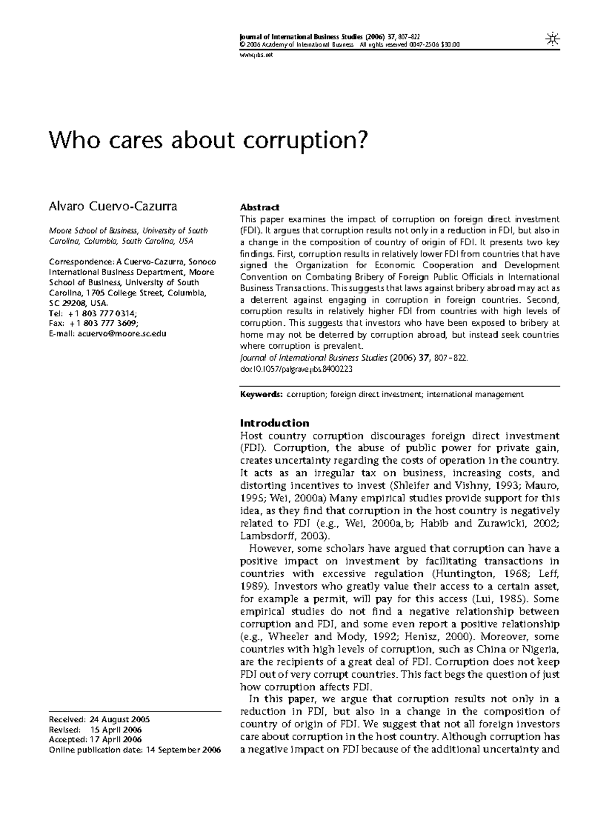 Corruption - Journal of International Business Studies (2006) 37, 2006 ...