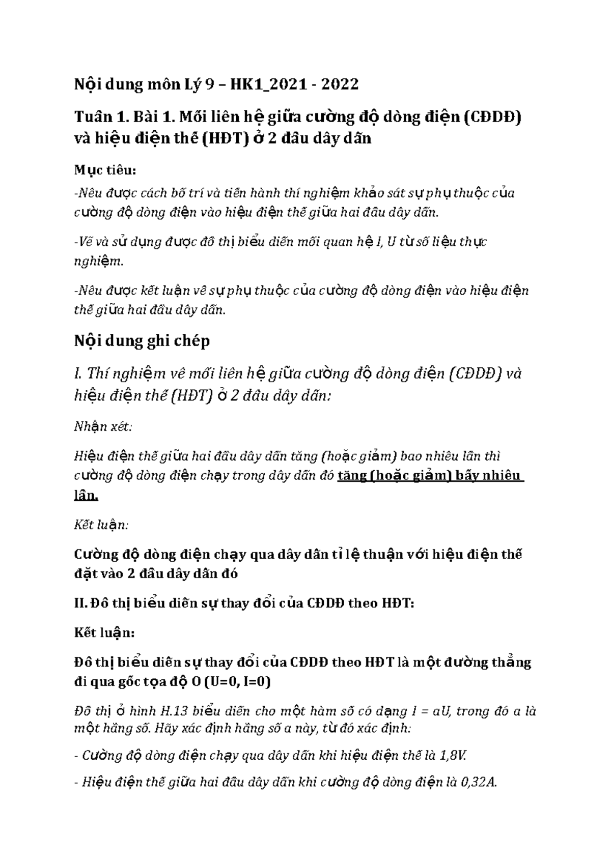 Ly-9-tuan-12021 692021213135 - N ội dung môn Lý 9 – HK1_2021 - 2022 Tuầần 1. Bài 1. Môối liên h ...