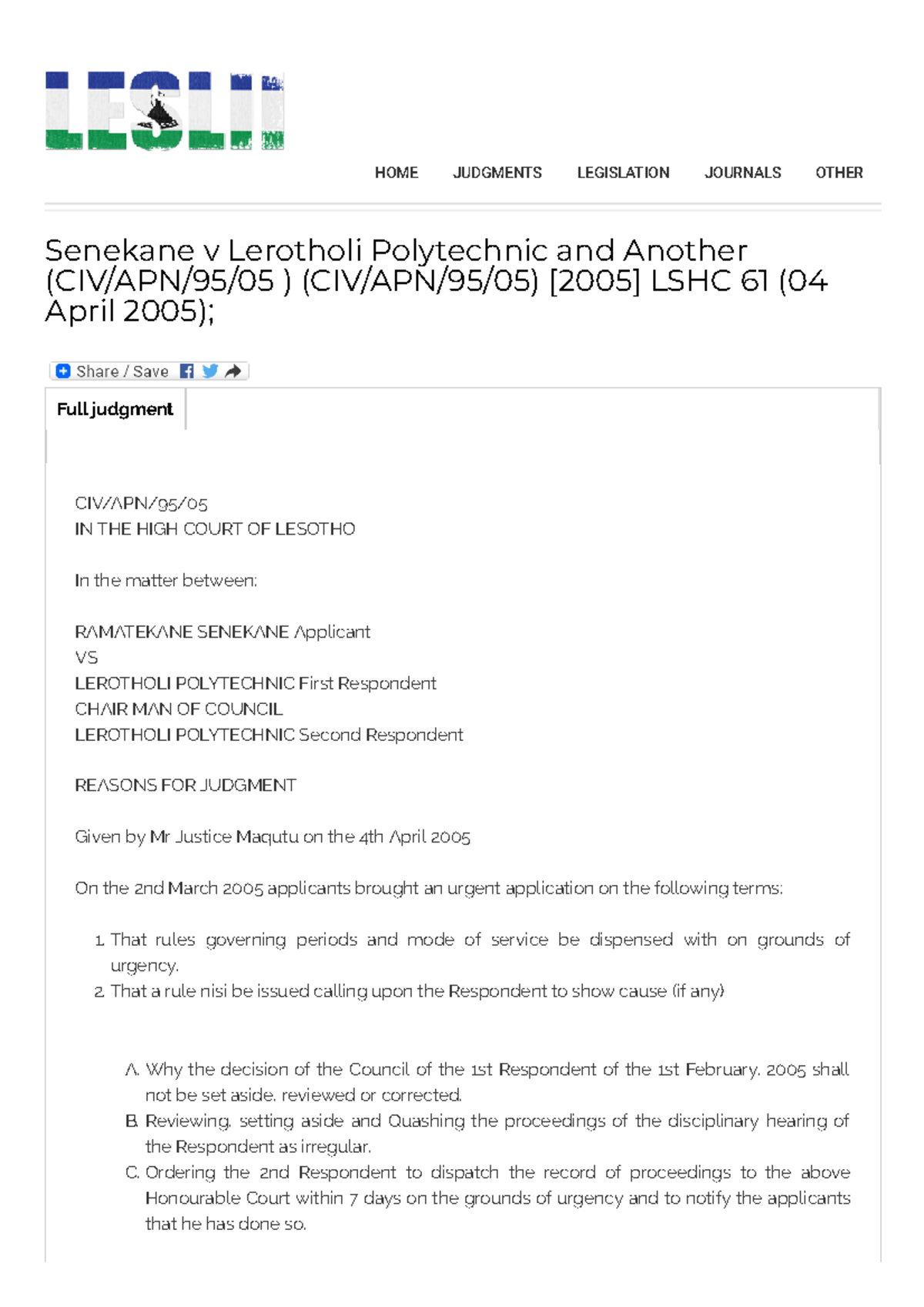 Senekane v Lerotholi Polytechnic and Another (CIV APN 95 05 ) (CIV APN ...