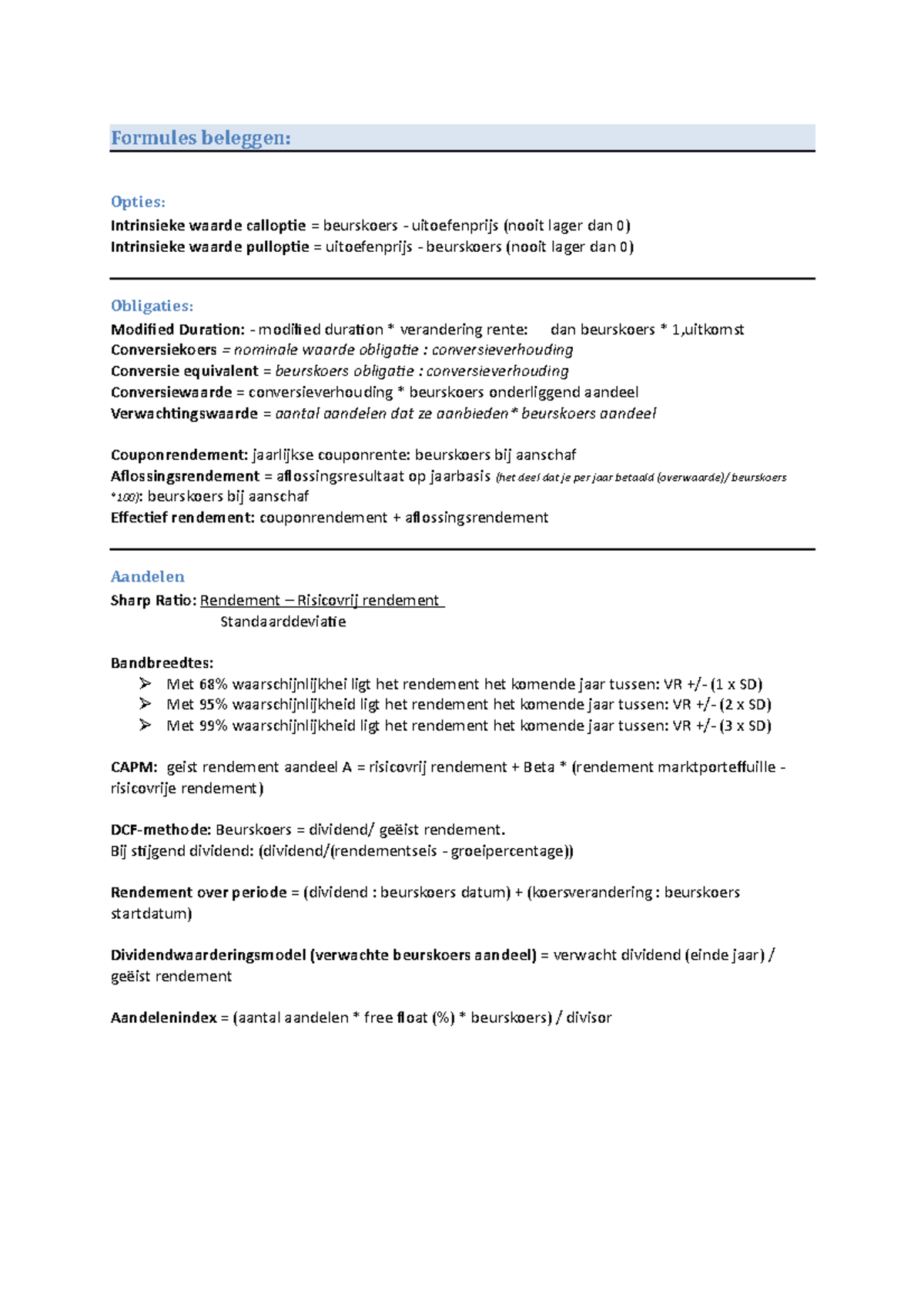 Formules beleggen - Formules beleggen: Opties: Intrinsieke waarde ...