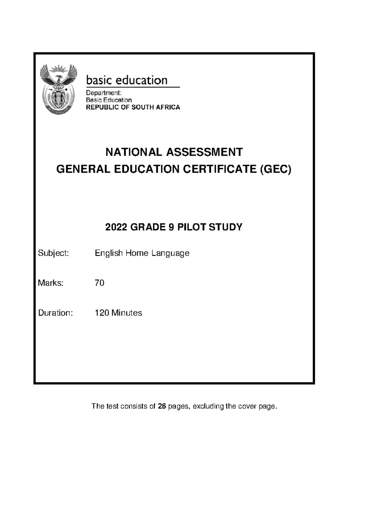 Grade 9 English HL Test - NATIONAL ASSESSMENT GENERAL EDUCATION ...