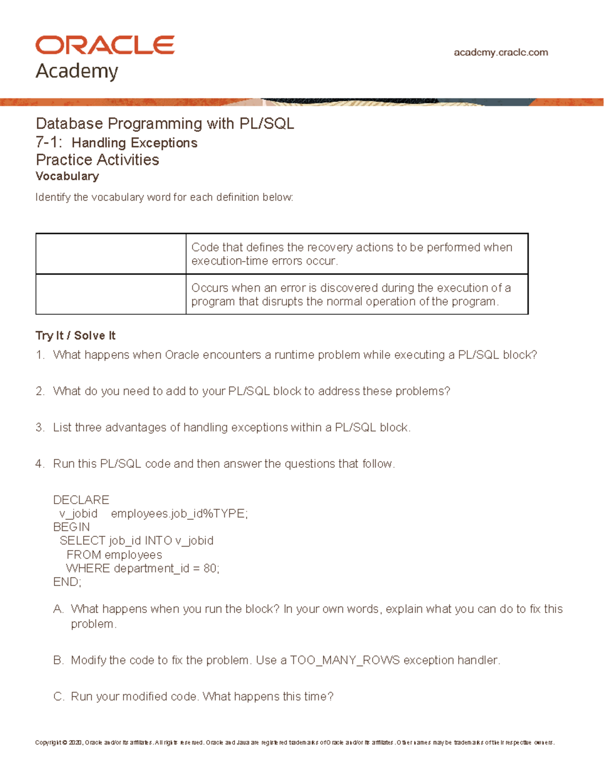 Plsql 7 1 Practice - visual - Tratado de fisiologia Medica - Copyright © 2020, Oracle and/or its ...