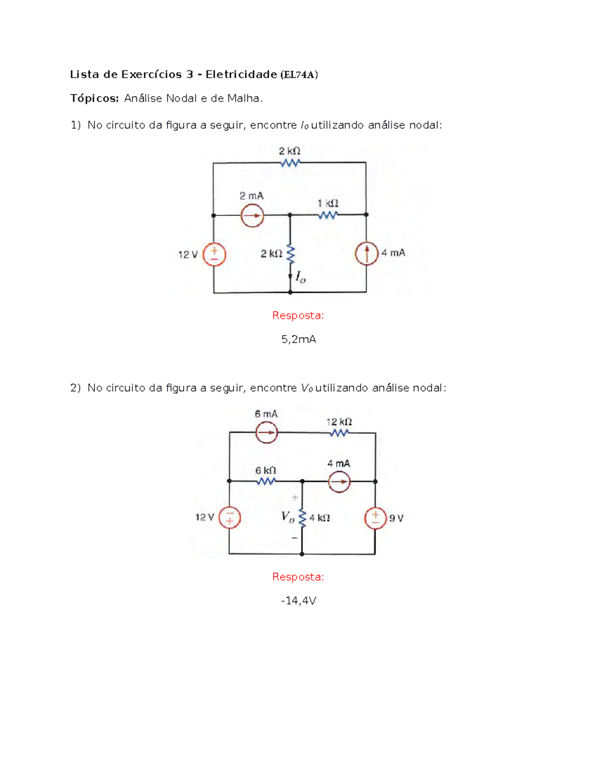 Eletr Lst3 - GABARITO - Lista de Exercícios 3 - Eletricidade (EL74A ...