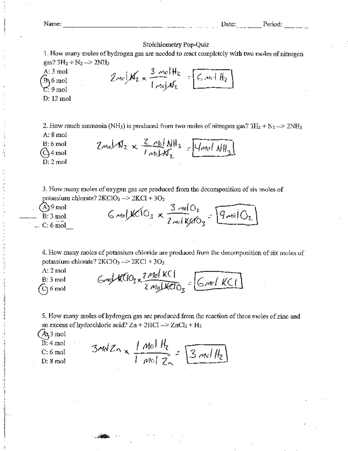 Stoichiometry Pop-Quiz Key - corporate law, psychology subject - Studocu