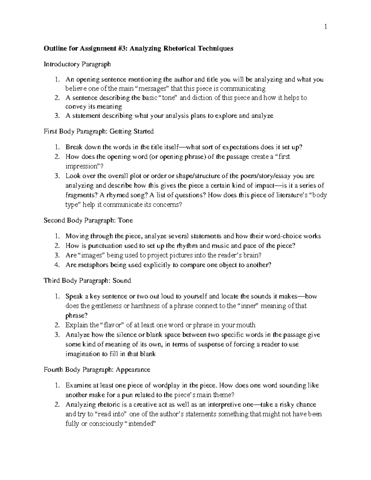 Analyzing Rhetorical Techniques Package - Outline for Assignment #3 ...