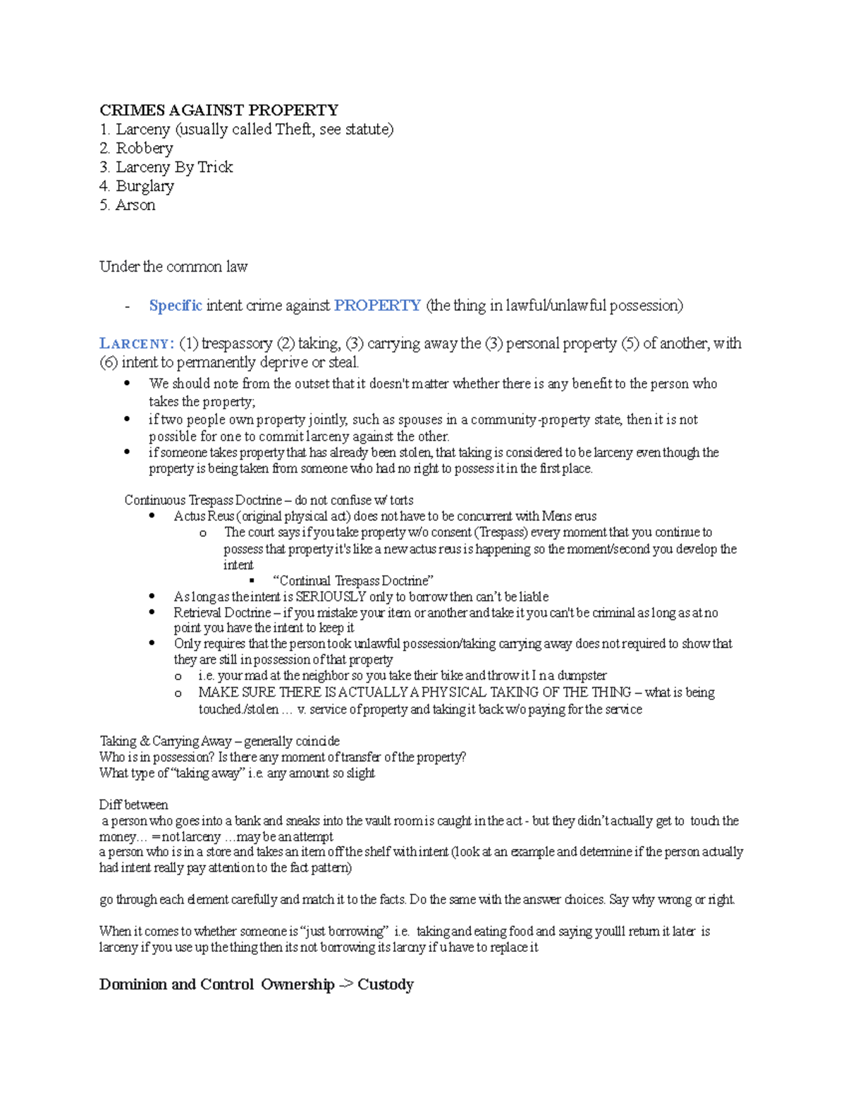 Larceny - Summary Criminal Law - CRIMES AGAINST PROPERTY 1. Larceny ...