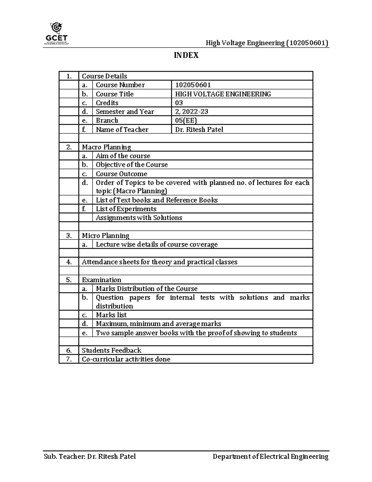 102050601 HV course file 23 24 - INDEX Course Details a. Course Number ...