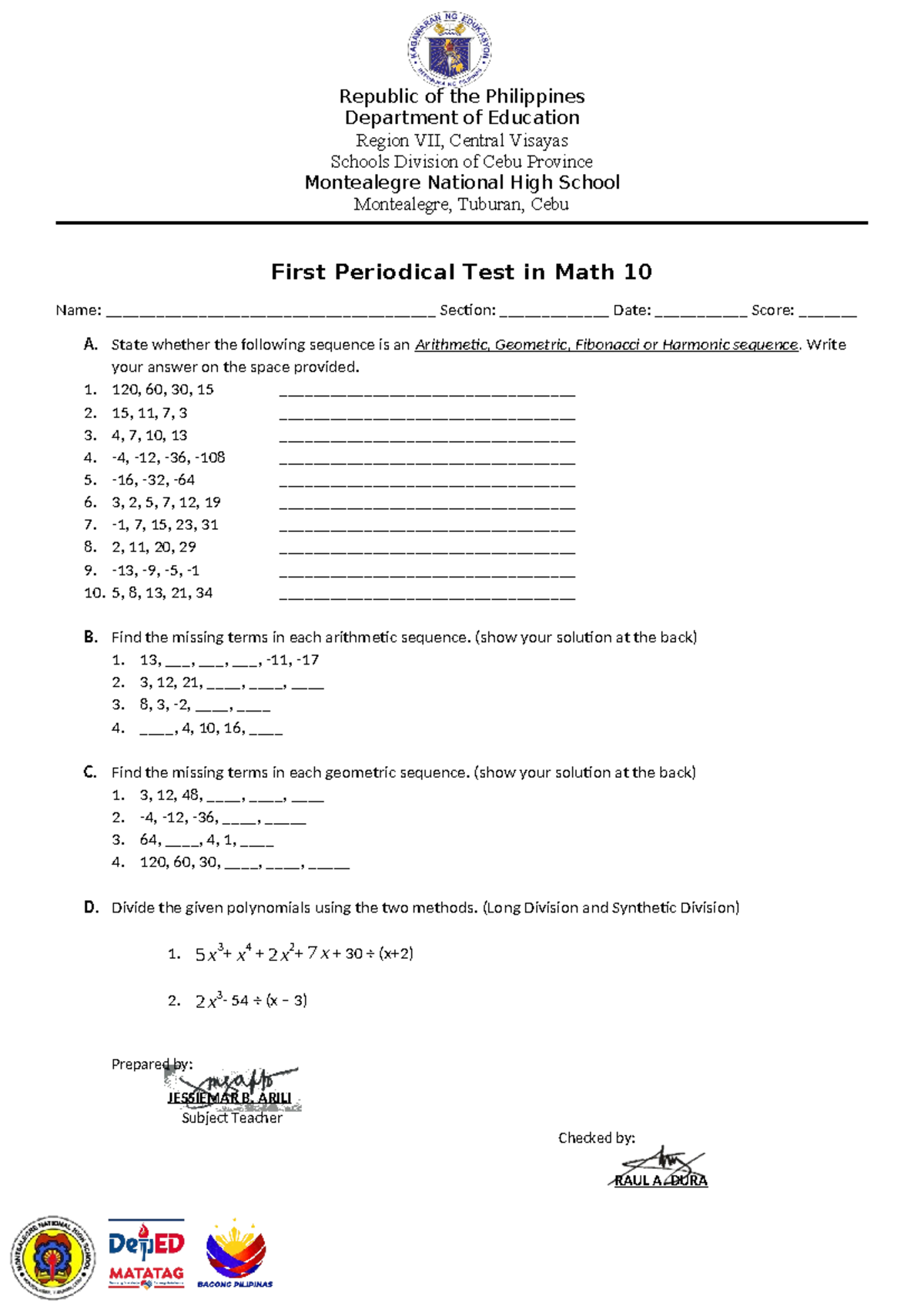 Math 10 1st quarter - Republic of the Philippines Department of ...