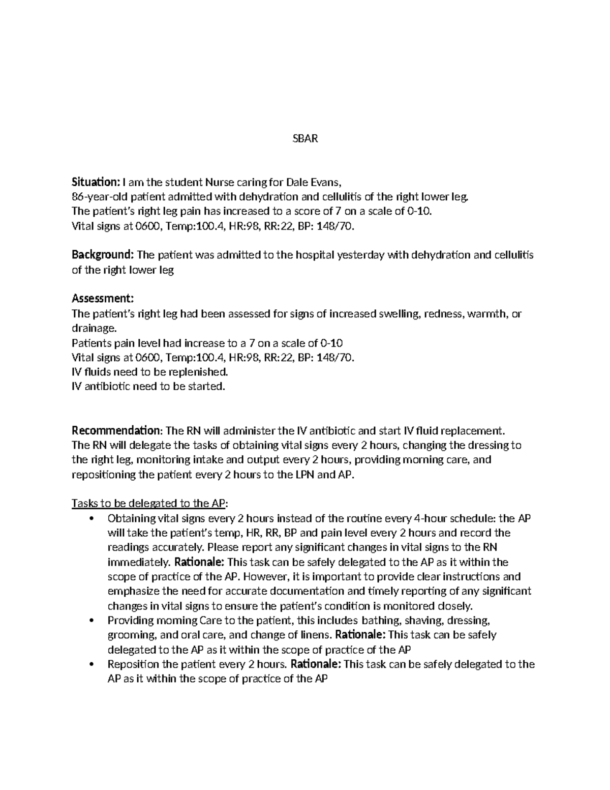 SBARnur 101 - Sbar101 - SBAR Situation: I am the student Nurse caring ...