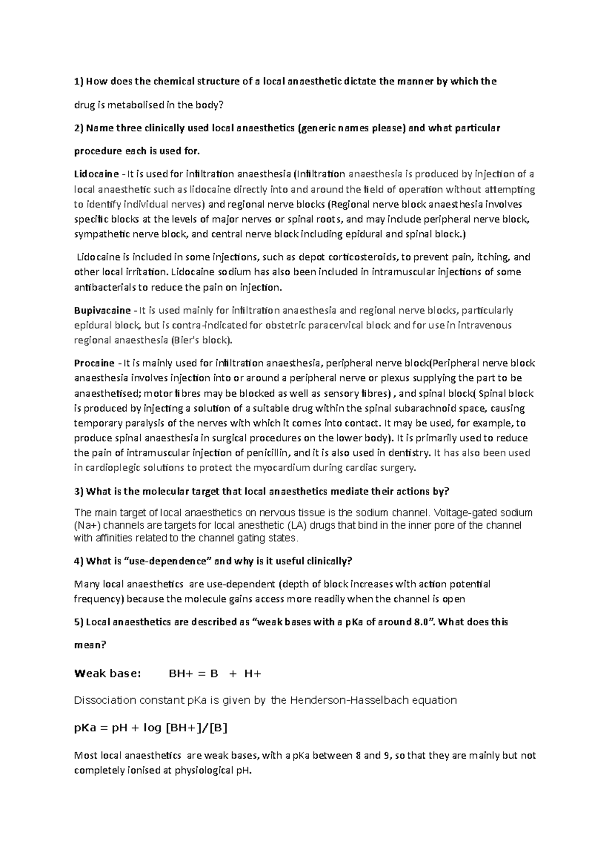 Pharmacology - local anesthetics - 1) How does the chemical structure ...