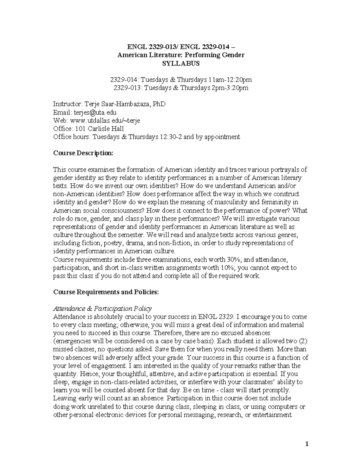 Syllabus-ENGL 2329 - Study of walt whitman - 1 ENGL 2329-013/ ENGL 2329 ...