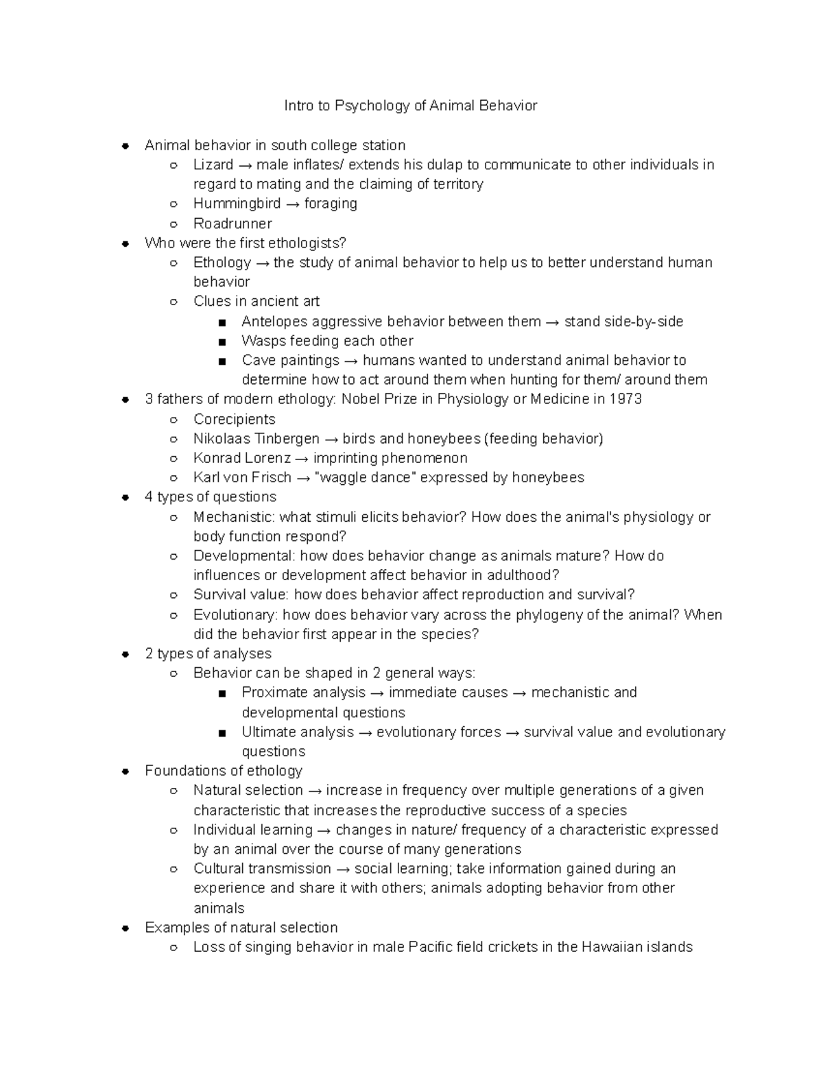 Psychology of Animal Behavior Lecture Notes - Intro to Psychology of ...