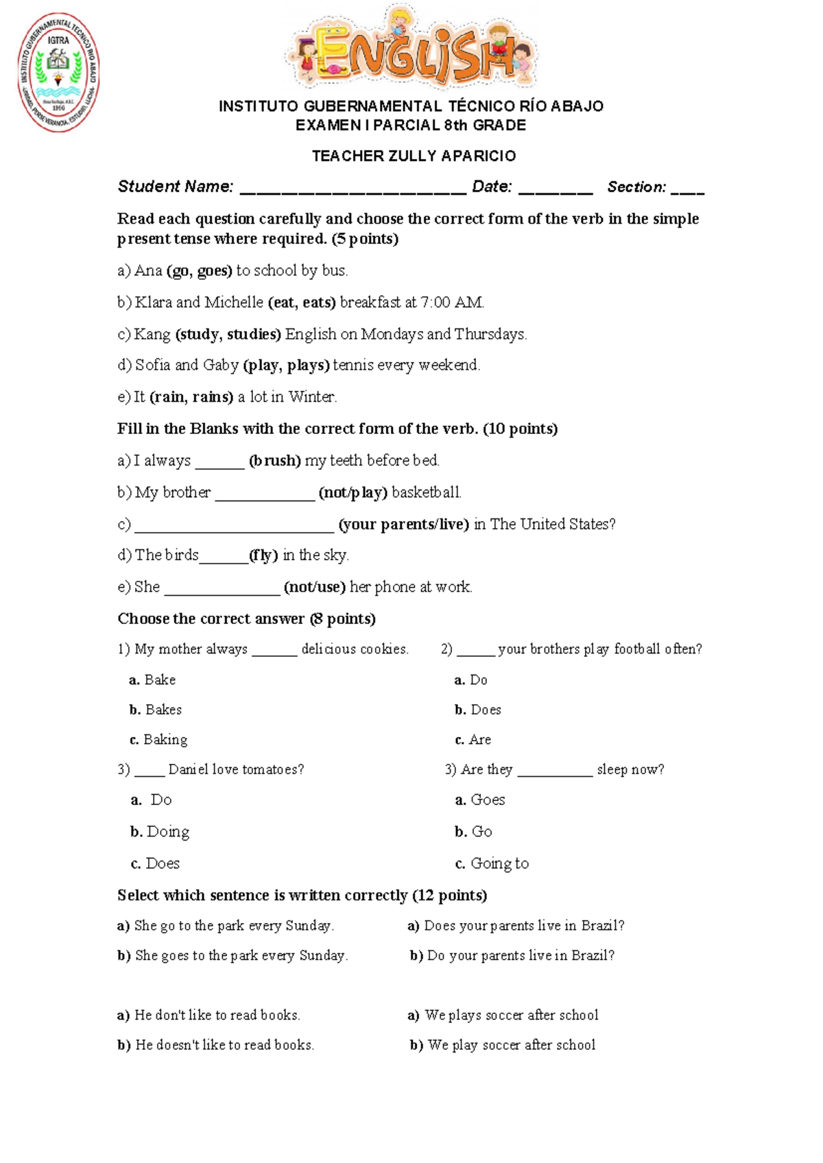 English Exam 8th Grade - exam - INSTITUTO GUBERNAMENTAL TÉCNICO RÍO ...