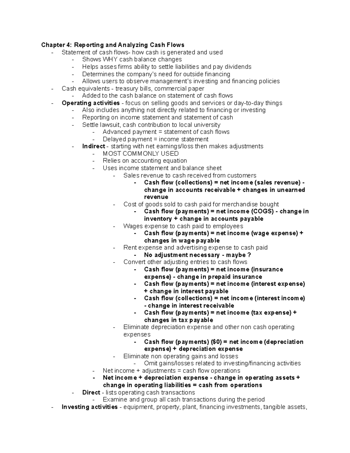 ACCY 200 Notes CH 4 - Chapter 4: Reporting and Analyzing Cash Flows ...